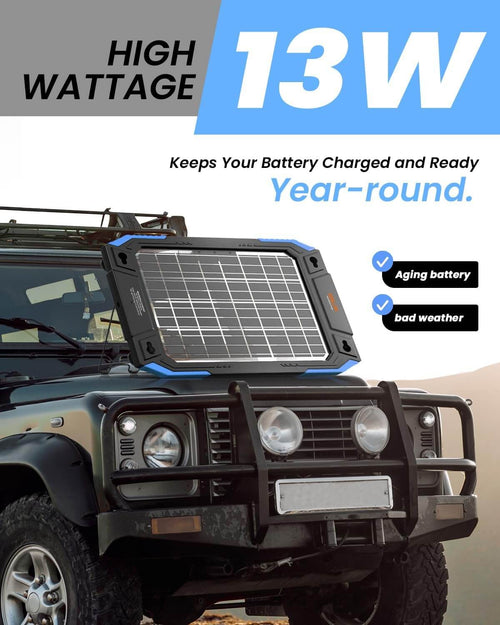 BALDR 12V Solar Battery Charger – 13W Waterproof Trickle Maintainer